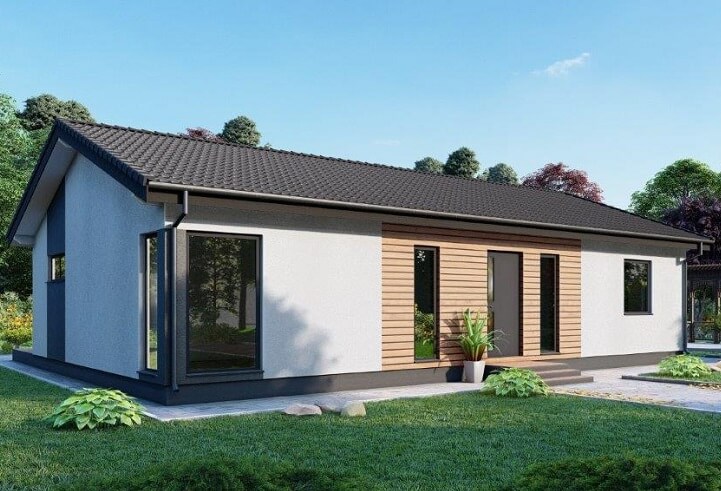 Fertighaus aus Holz kombiniert verschiedene Elemente wie Holz
